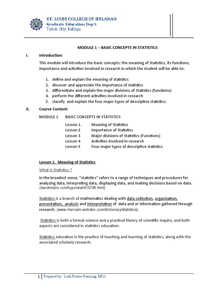 Module 1 - Basic Concepts in Statistics I | PDF | Statistics ...