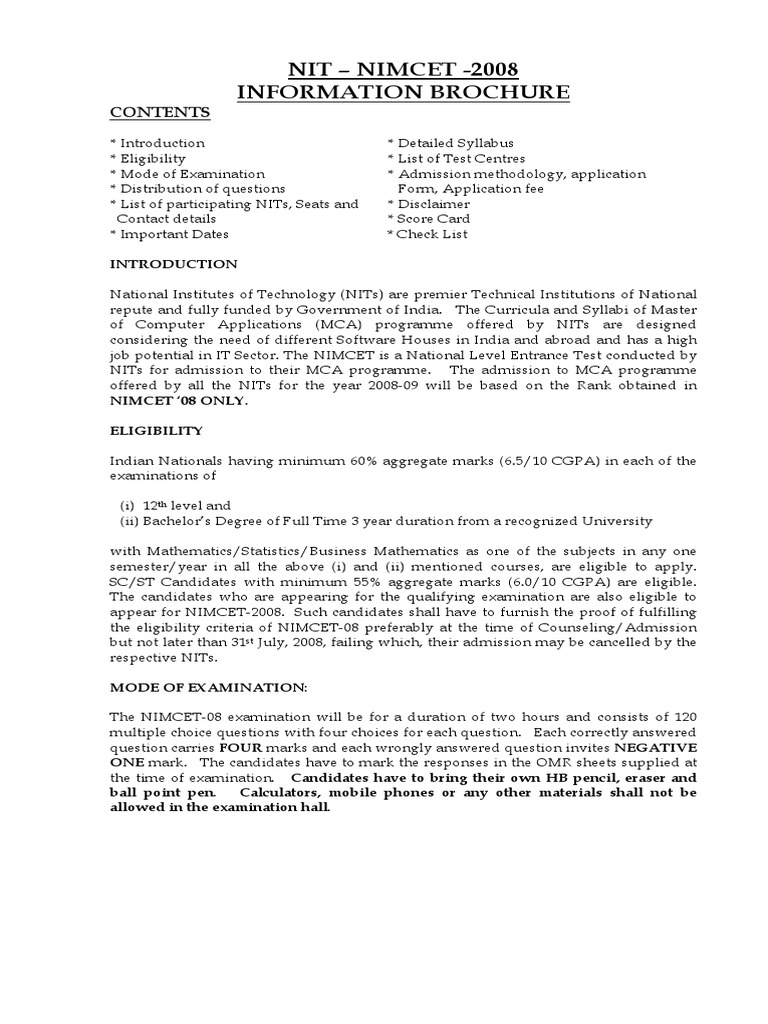 NIT - NIMCET - 2008 Information Brochure | PDF | Vector Space | Equations