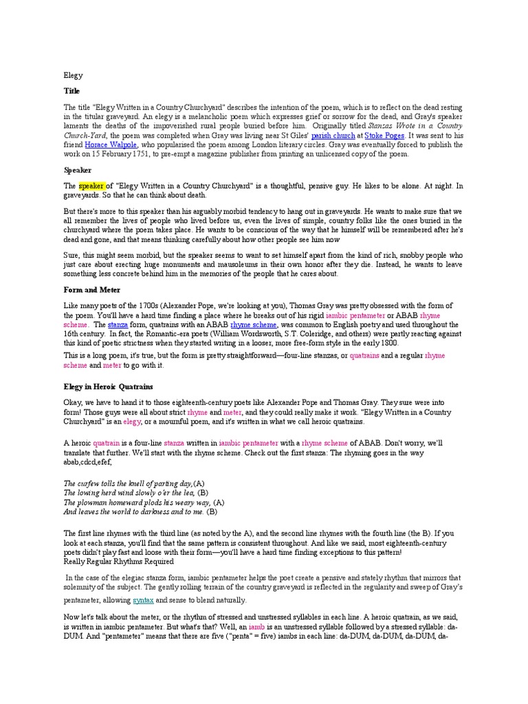 Elegy Written in A Country Churchyard | PDF | Poetry | Memorial