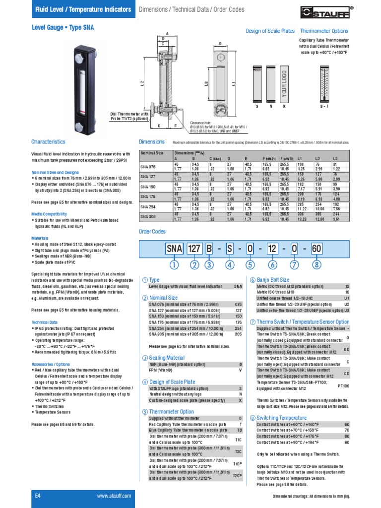 VISOR DE NIVEL Stauff - Level - Gauge - Type - SNA | PDF | Thermometer ...