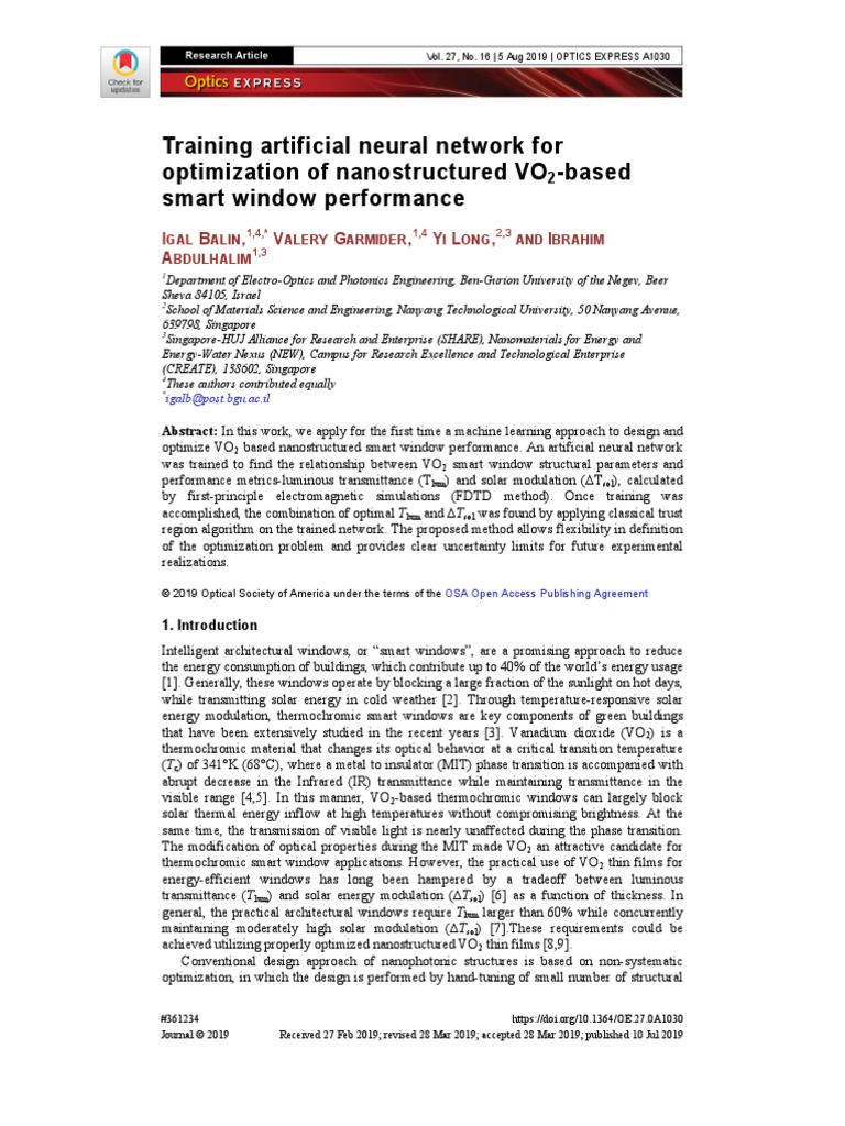 Training Artificial Neural Network For Optimization of Nanostructured VO - Based Smart Window ...