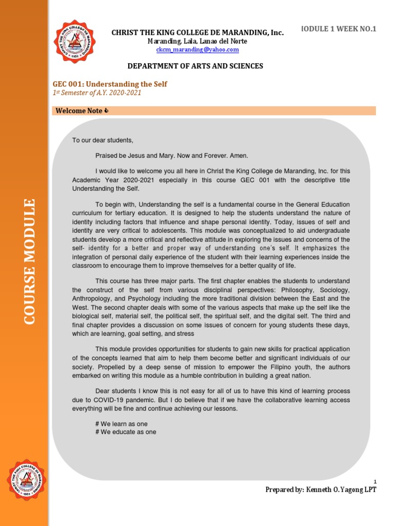 GEC 001: Understanding The Self: Christ The King College de Maranding, Inc | PDF | Empiricism ...