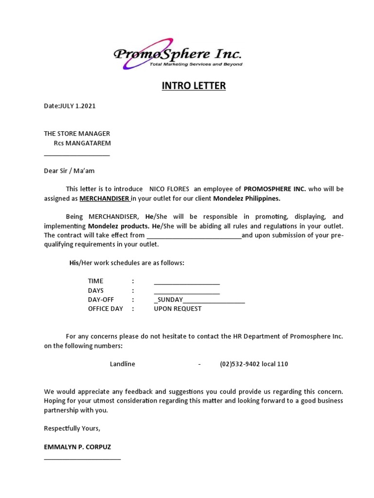 Intro Letter New Merchandiser | PDF