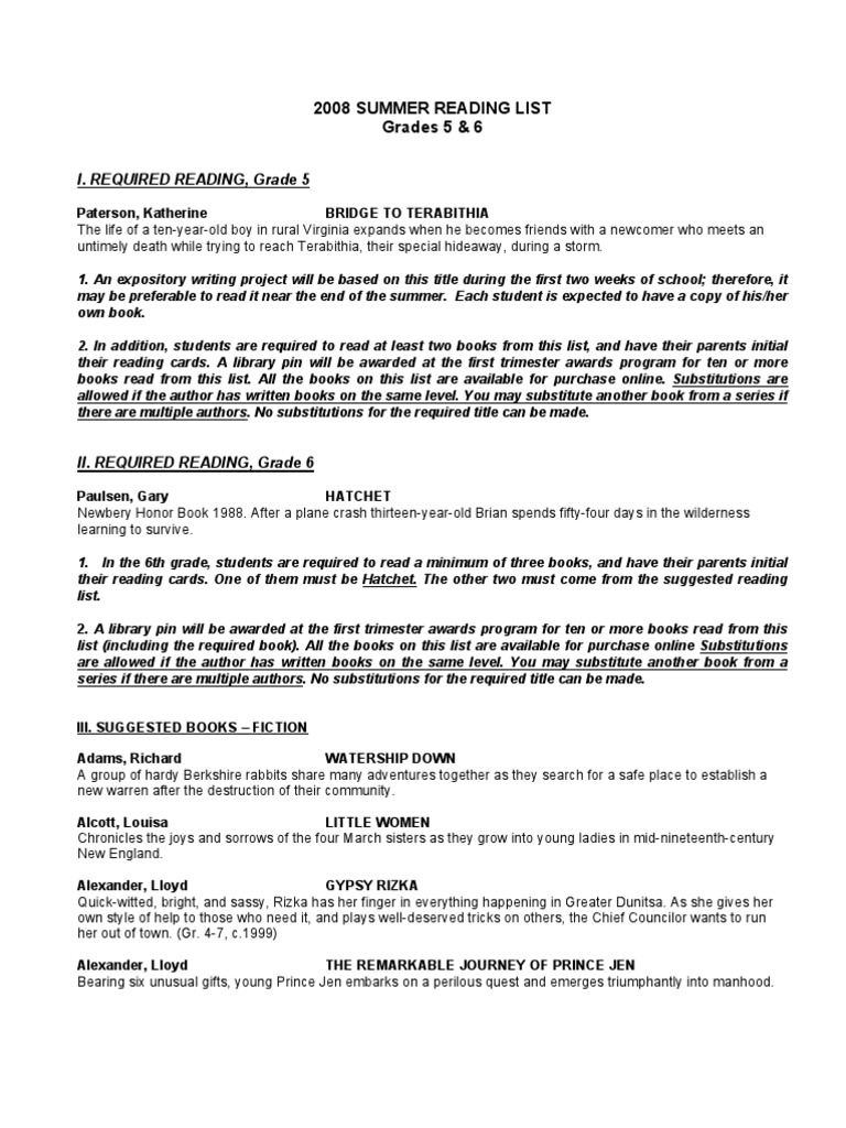 2008 Summer Reading List for Grades 5-6 | PDF | The Legend Of Sleepy Hollow