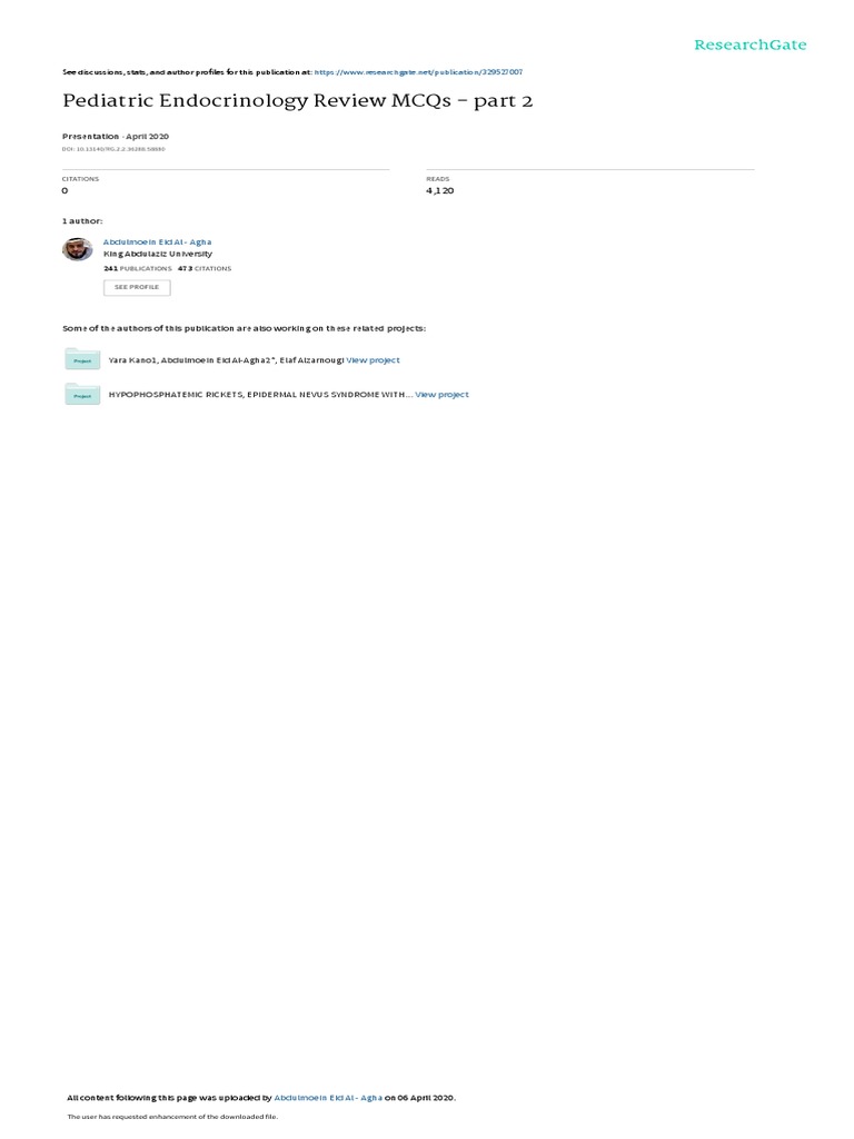 Pediatric Endocrinology Review Mcqs Part 2 April 2020 Pdf