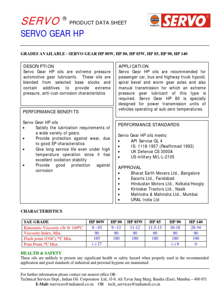 Servo Gear HP Oil Data Sheet | PDF | Vehicles | Mechanical Engineering