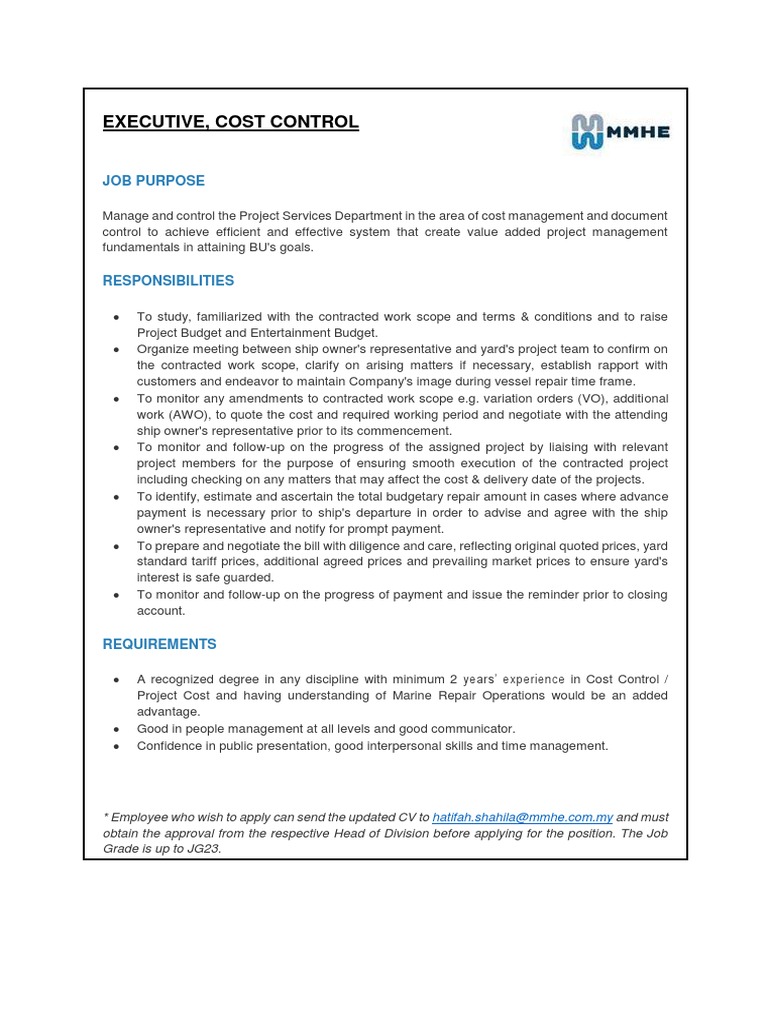 Executive, Cost Control: Job Purpose | PDF