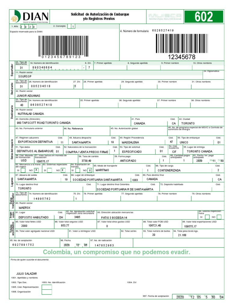 Colombia, Un Compromiso Que No Podemos Evadir.: Solicitud de Autorización de Embarque Y/o ...