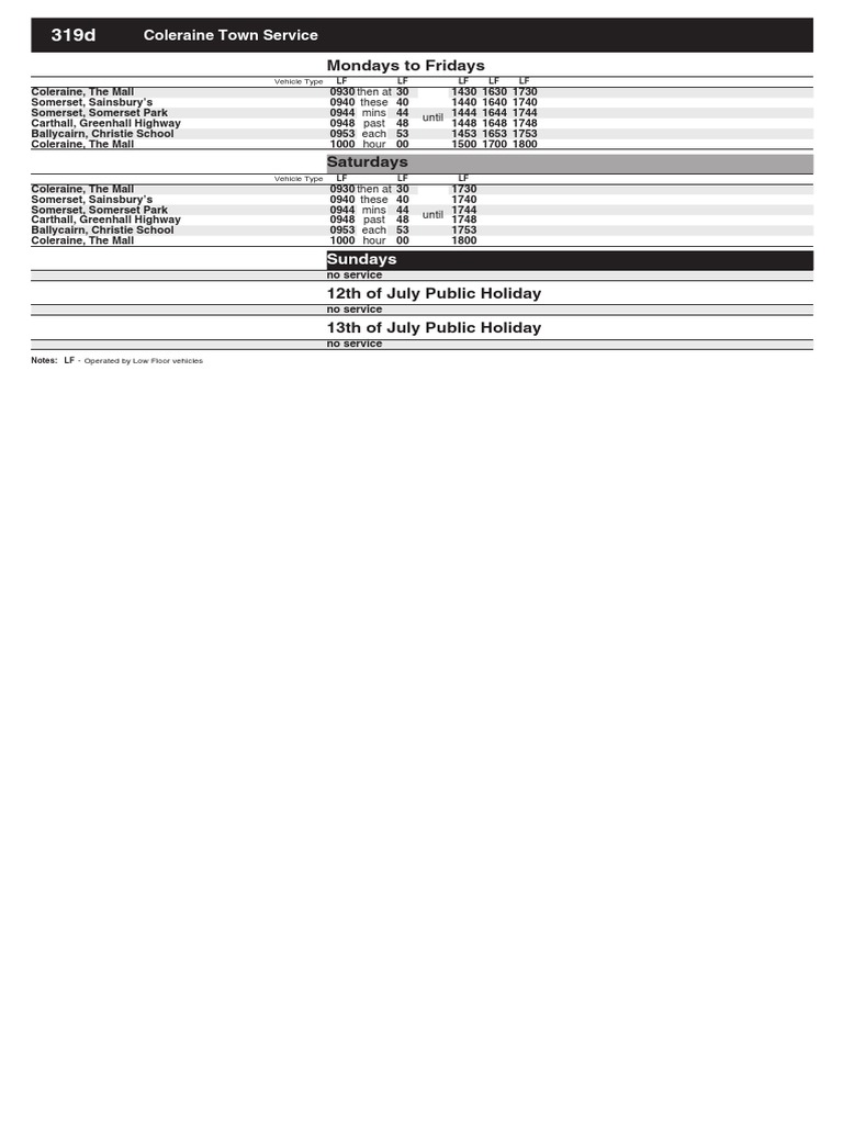 Timetable - Ulsterbus Town Services - 319d - Coleraine Town Service ...