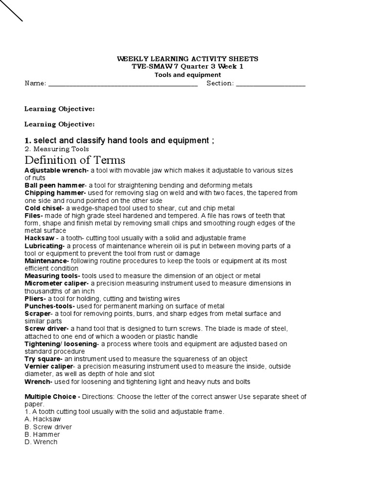 Smaw 7 Las q3 w1 w8 | PDF | Hammer | Screw