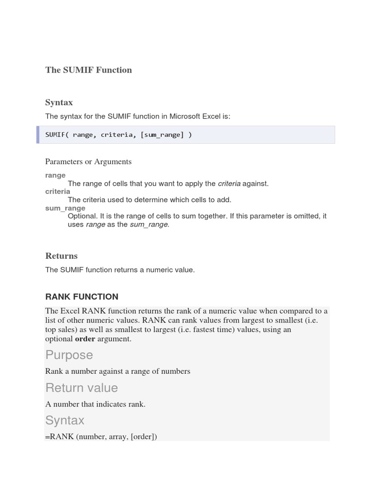 Purpose Return Value Syntax: The SUMIF Function | PDF | Microsoft Excel | Parameter (Computer ...