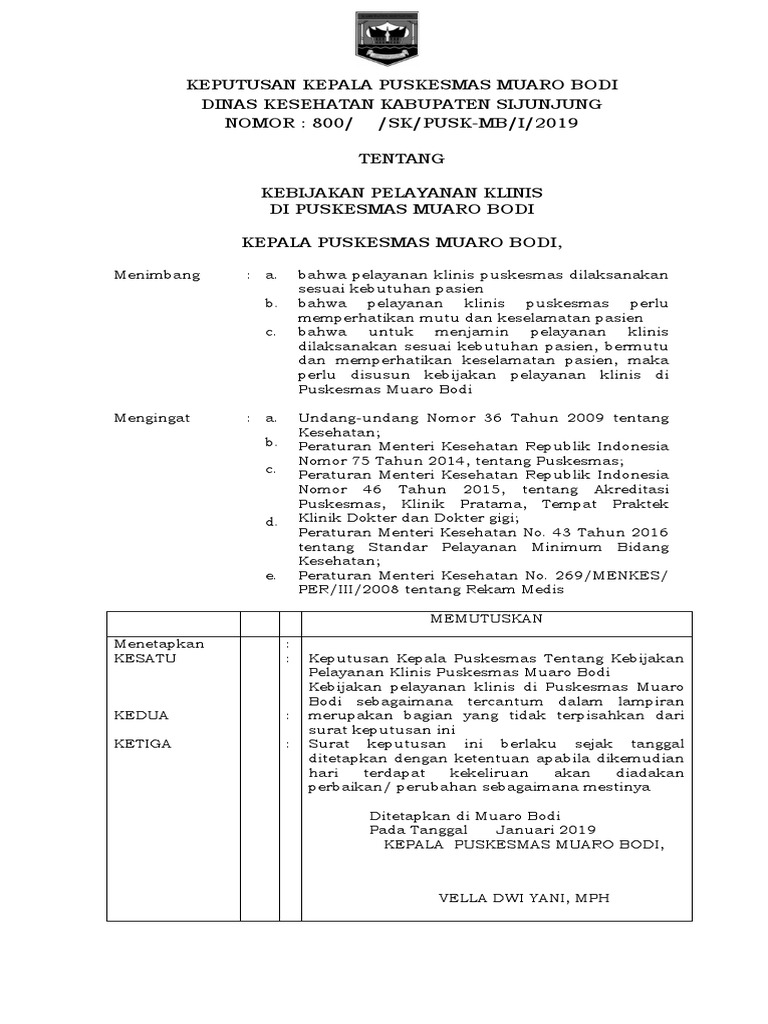 7.1.1.1 SK Kapus Tentang Kebijakan Pelayanan Klinis MBD | PDF