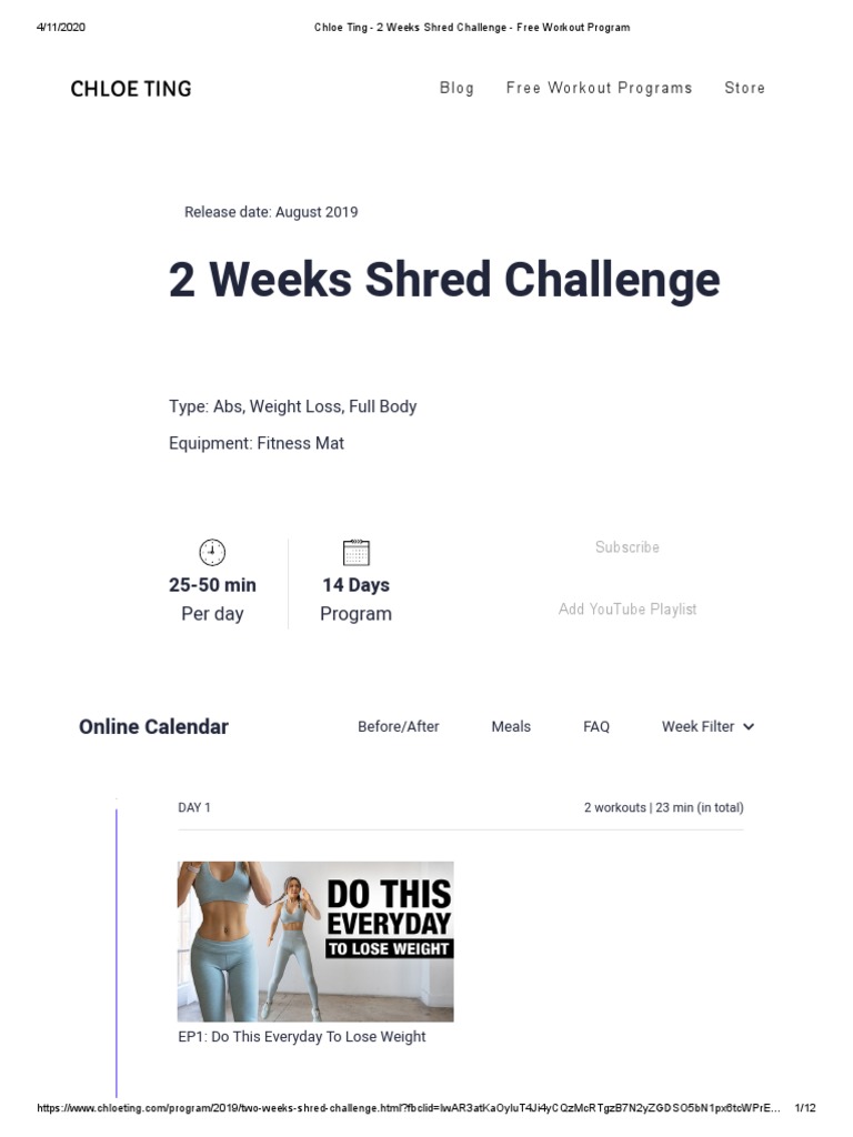 Chloe Ting - 2 Weeks Shred Challenge - Free Workout Program | PDF ...