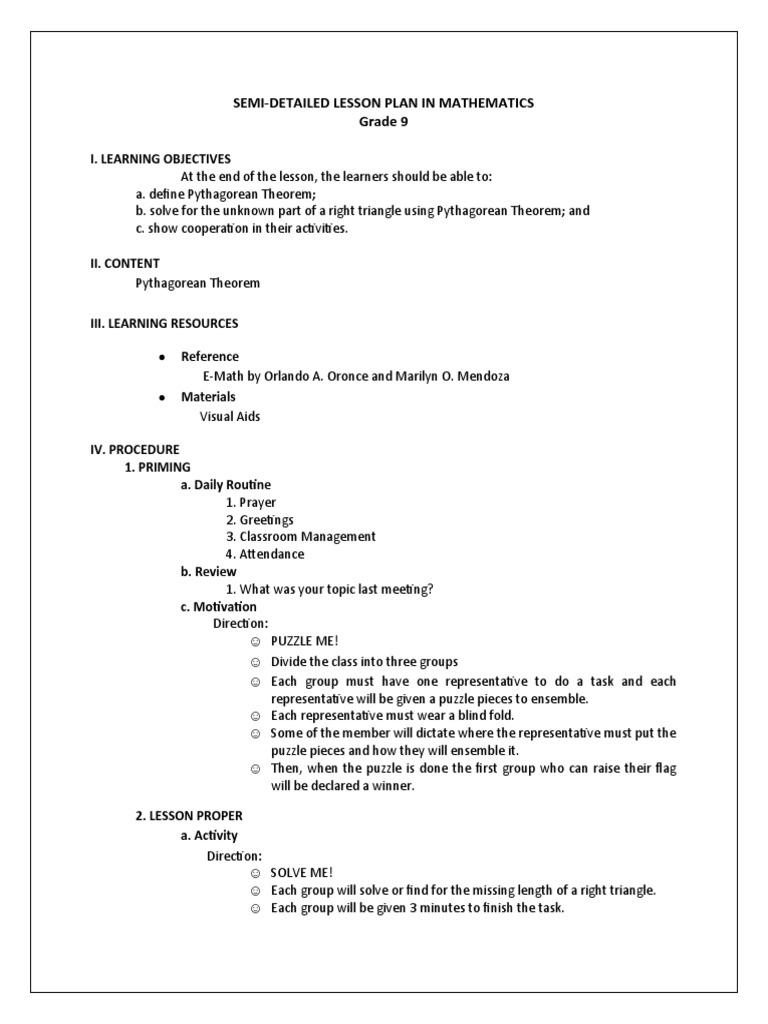 Semi-Detailed Lesson Plan in Mathematics Grade 9: I. Learning ...