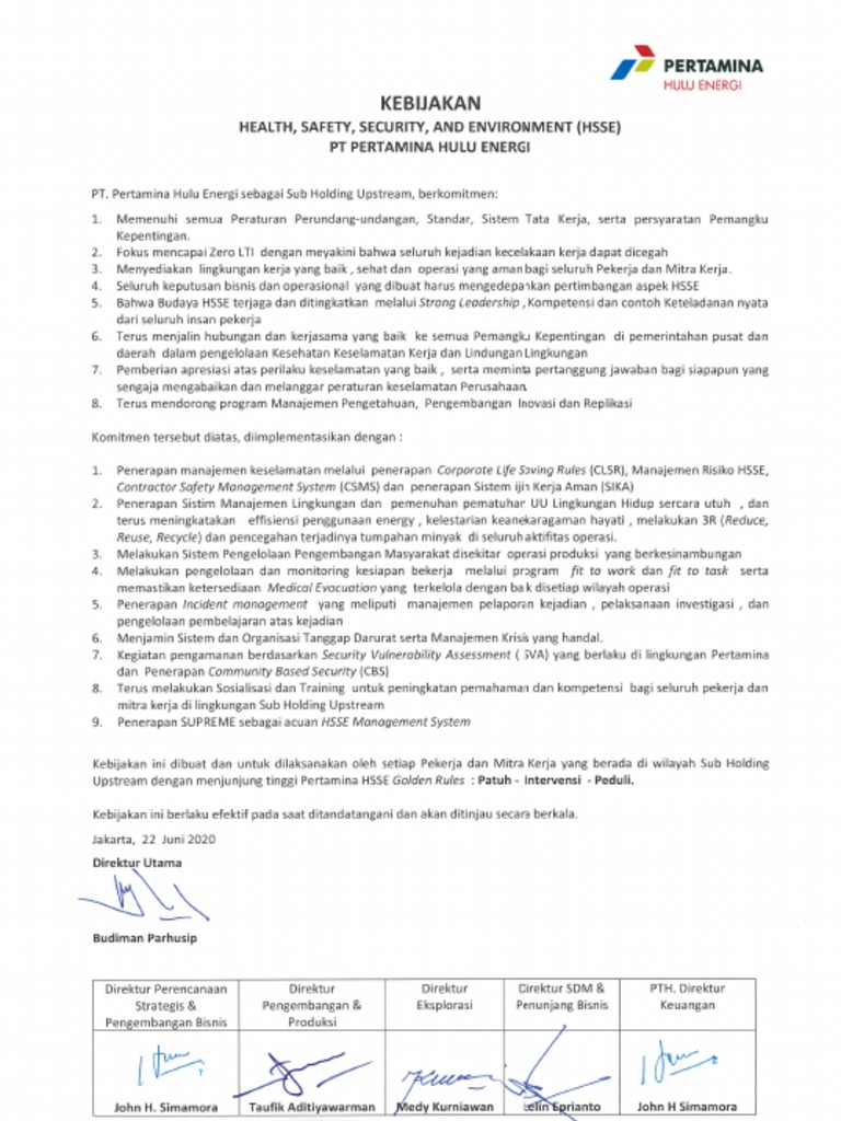 Kebijakan HSSE PHE 2020 | PDF