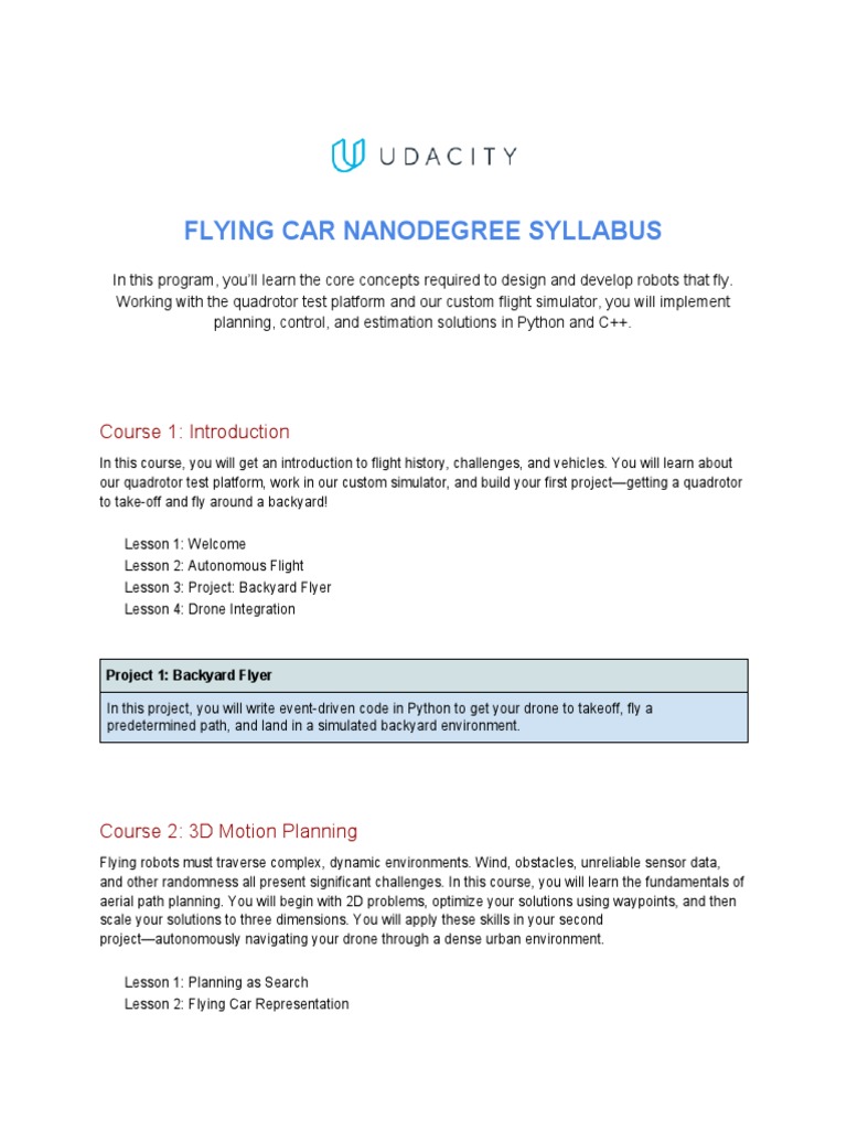 Flying Car Nanodegree Syllabus: Course 1: Introduction | PDF | Unmanned Aerial Vehicle | Kalman ...