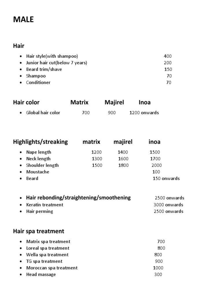 Sample Parlour Menu Content | PDF | Shampoo | Hair