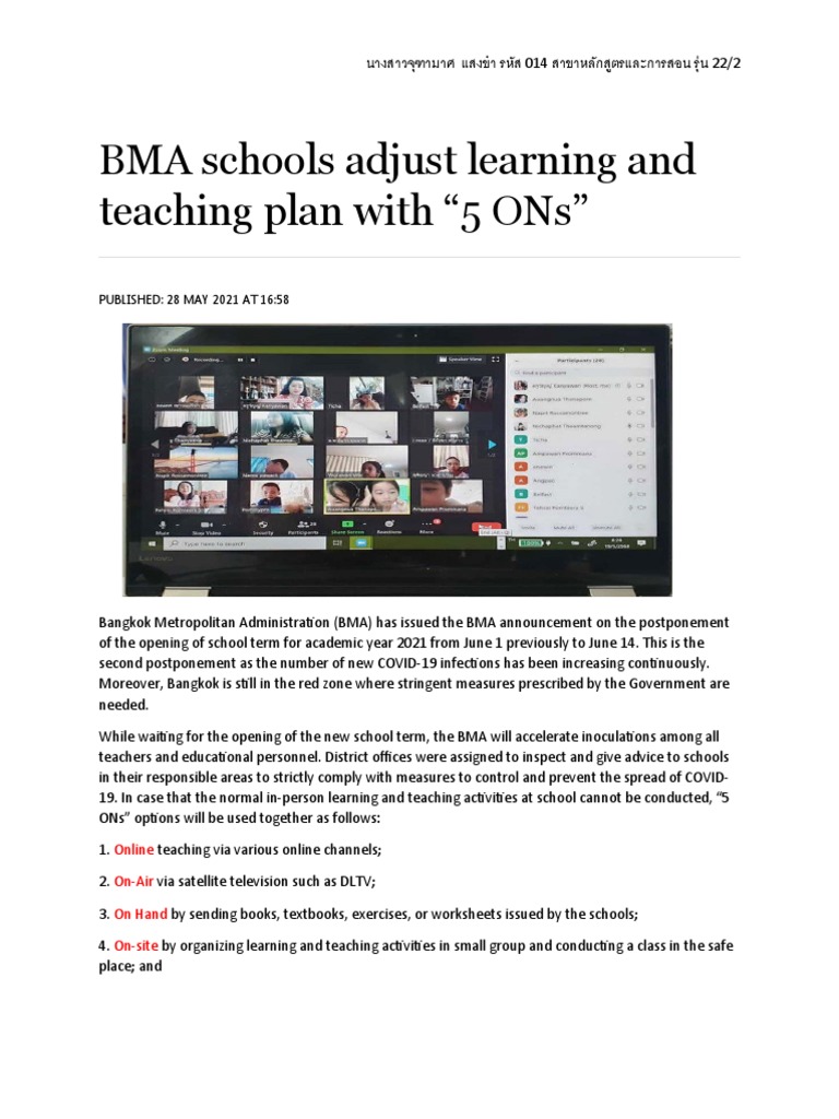Bma Schools Adjust Learning and Teaching Plan With "5 Ons": Published ...