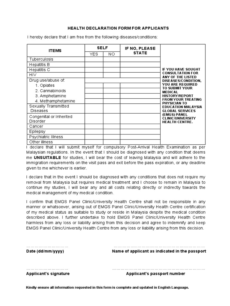 Lampiran B - Health Declaration Form For Applicant | PDF | Public ...