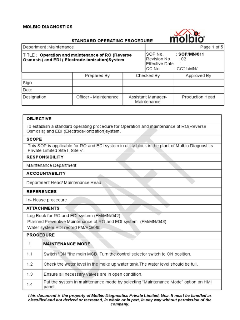 Sop For Ro and Edi System | PDF | Pump | Equipment