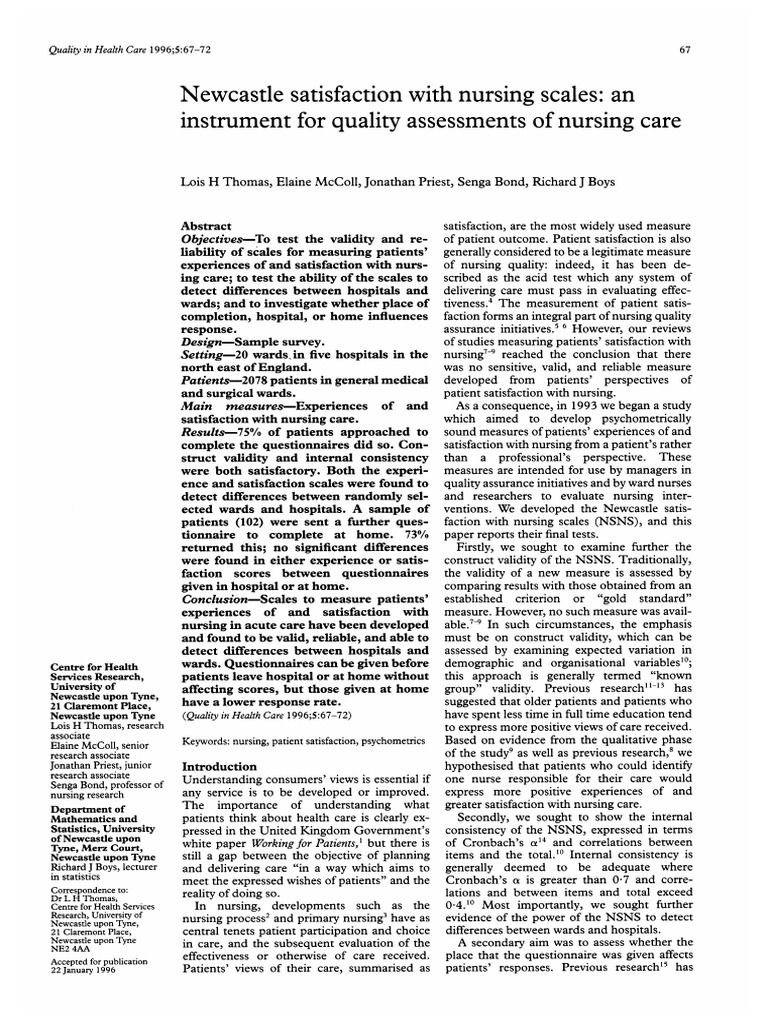 Newcastle Satisfaction With Nursing Scales An | PDF | Validity ...