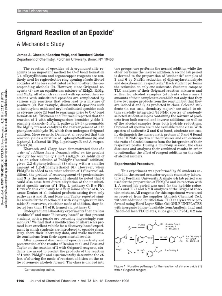 Grignard Reaction of An Epoxide: A Mechanistic Study | PDF | Magnesium ...