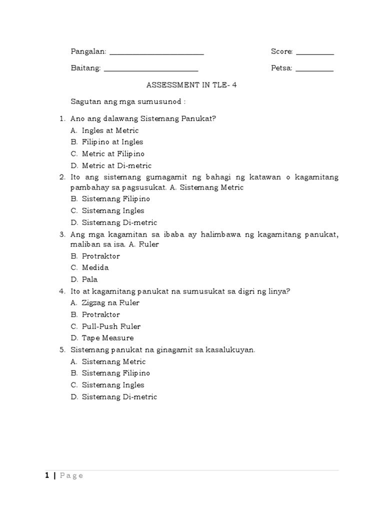 Assesment in Tle Grade - 4 | PDF