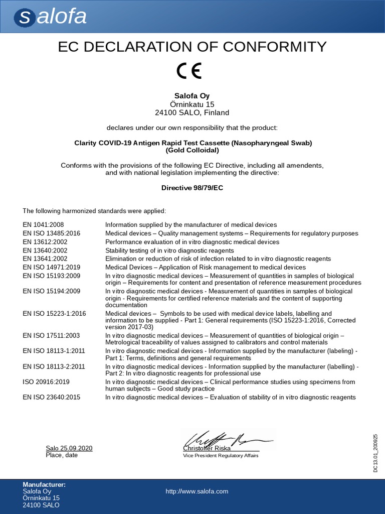 Clarity COVID-19 Antigen Rapid Test - EC Declaration of Conformity - CE ...