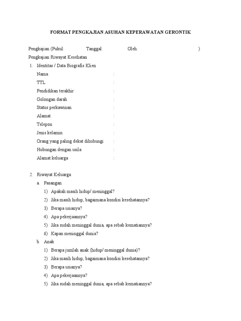 Format Pengkajian Asuhan Keperawatan Gerontik | PDF