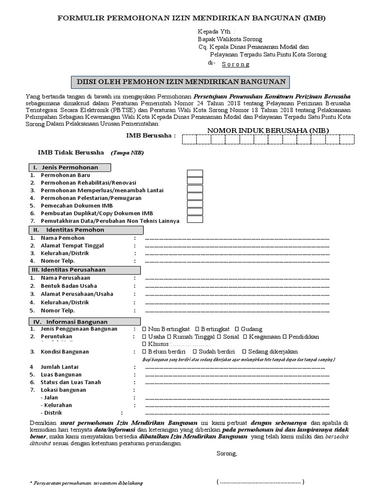 Formulir Permohonan Izin Mendirikan Bangunan (IMB) | PDF