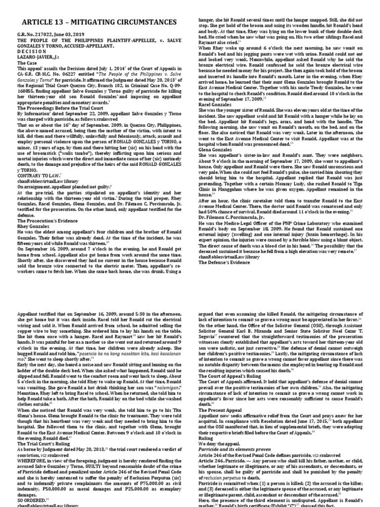 Article 13 - Mitigating Circumstances: Gonzales y Torno" For Parricide. It Affirmed The Judgment ...