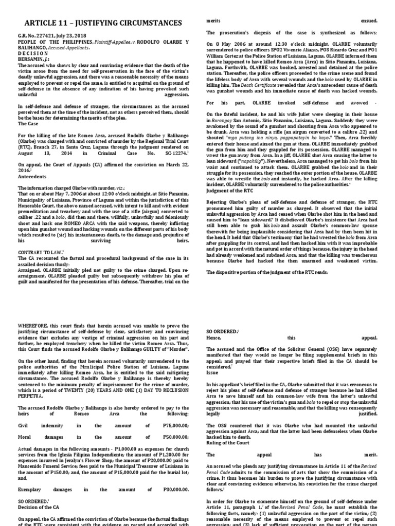 Article 11 - Justifying Circumstances | PDF | Burden Of Proof (Law ...