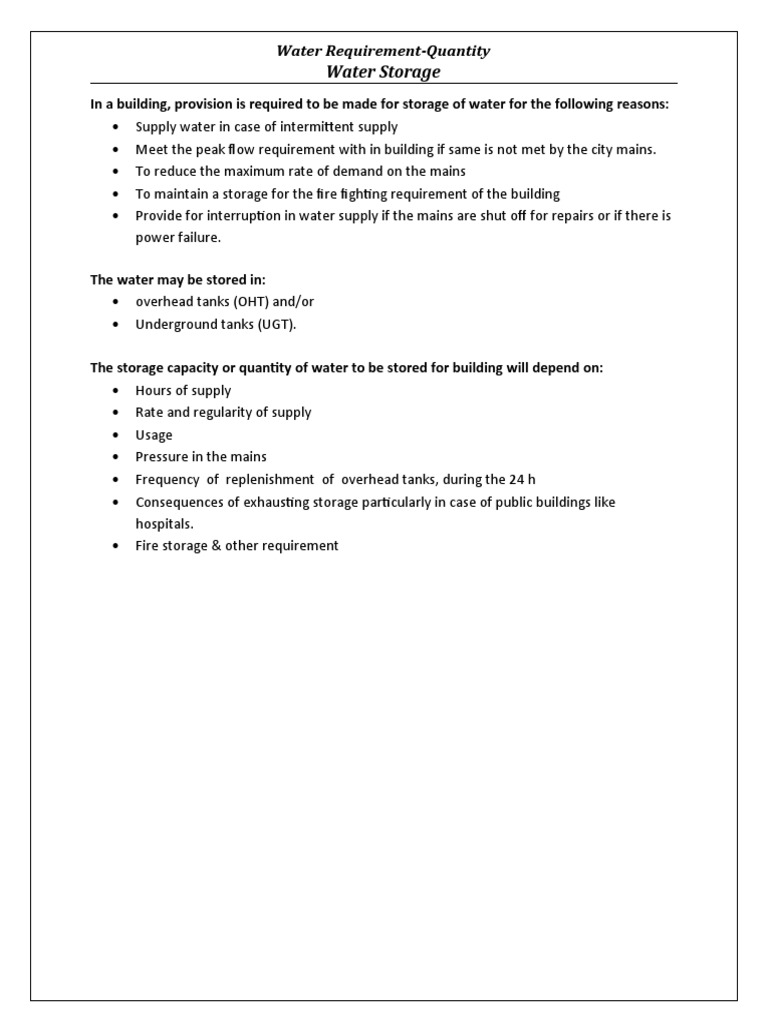 Water Storage: in A Building, Provision Is Required To Be Made For ...