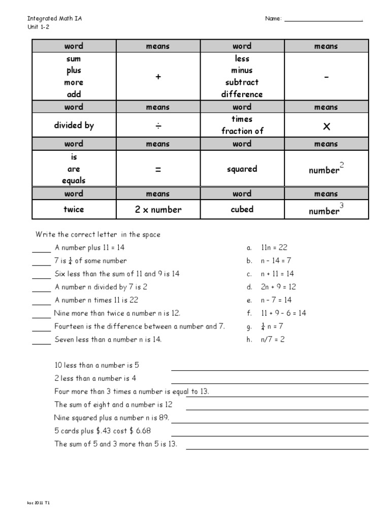 1-2 Writing Equations | PDF | Numbers | Mathematical Objects