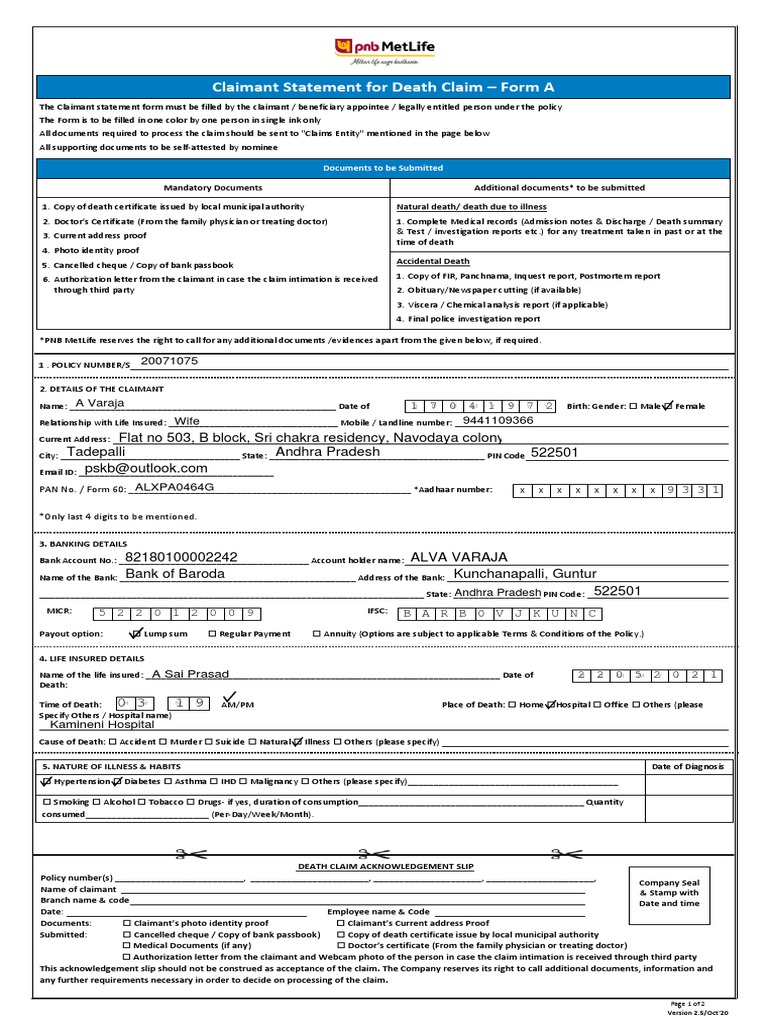 Claimant Statement For Death Claim Form-A | PDF | Insurance | Indemnity