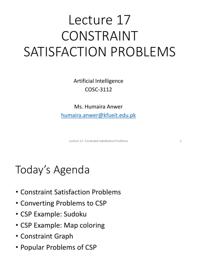 Constraint Satisfaction Problems: Artificial Intelligence COSC-3112 Ms ...