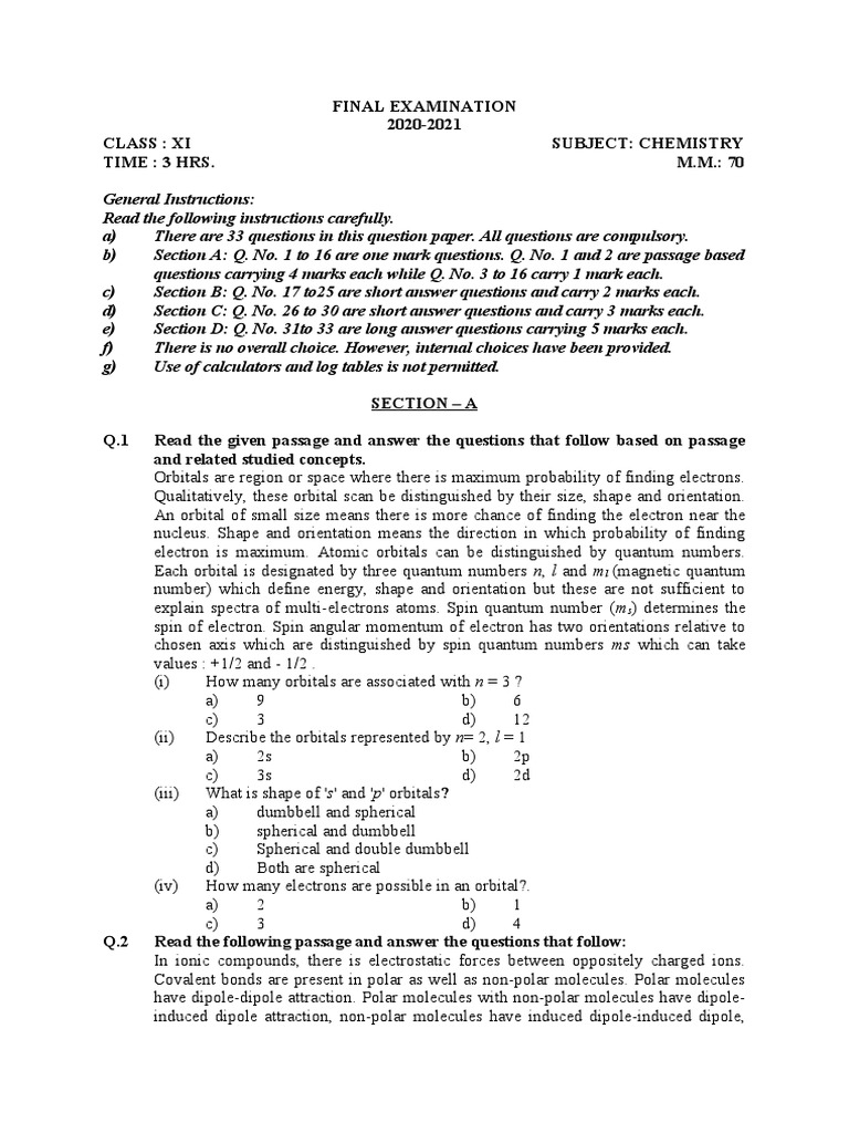 XI-Chemistry (Final Exam 2020-21) Paper Set-A (VK) | PDF ...
