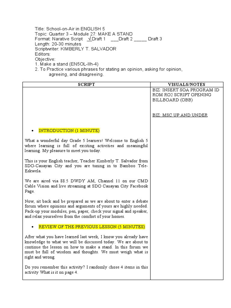 Final Script Kimberlysalvador English5 Makeastand Pdf