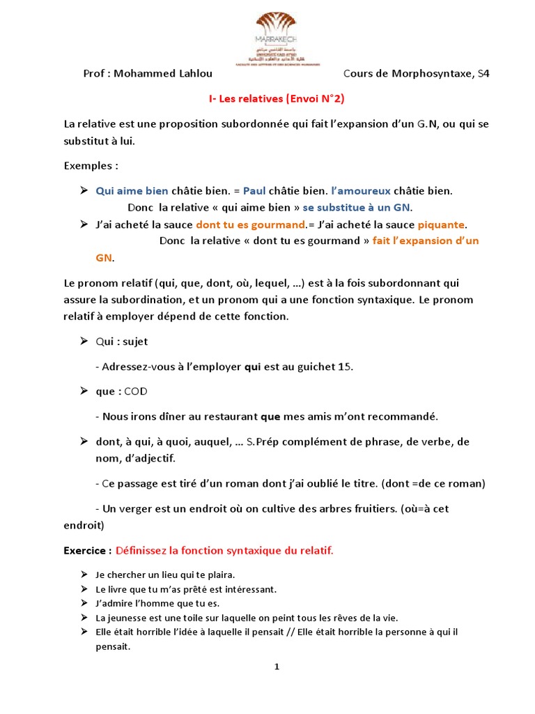 Morphosyntaxe : Les Relatives en S4 | PDF | Clause | Mécanique du langage