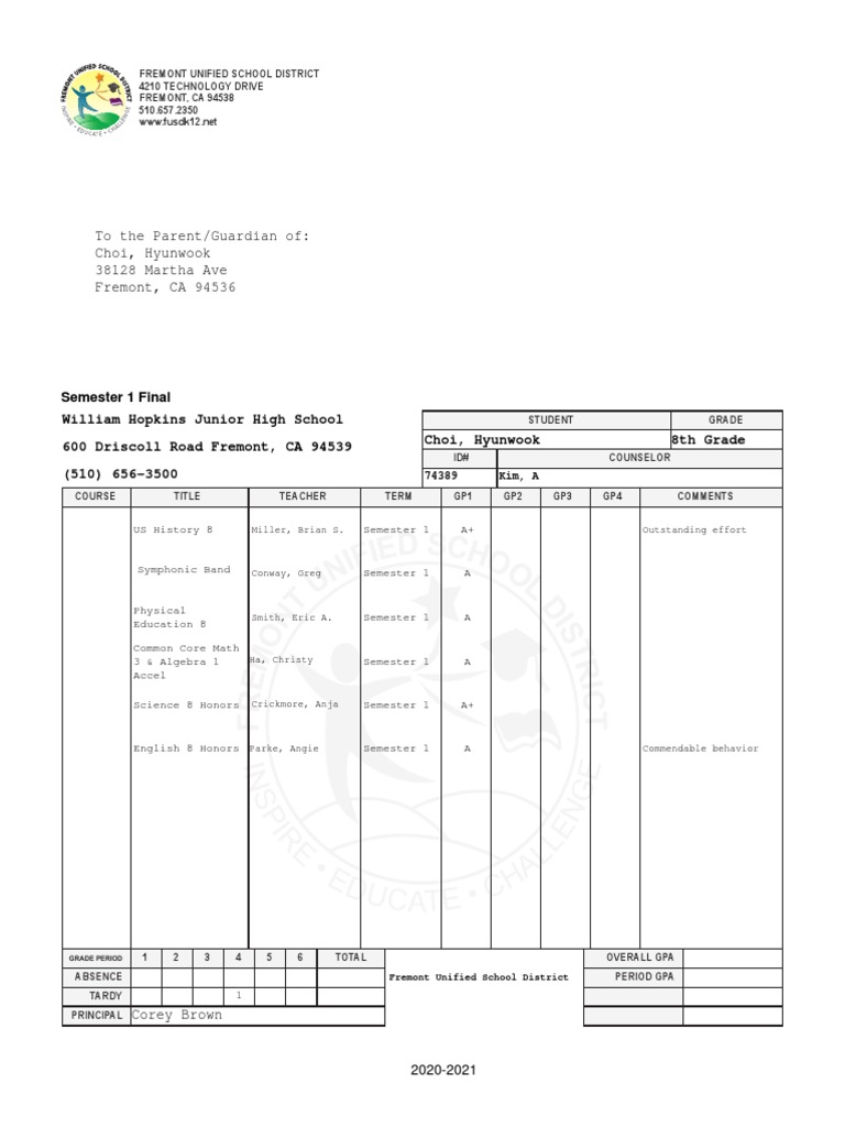 Choi, Hyunwook's Semester 1 Report Card from William Hopkins Junior ...
