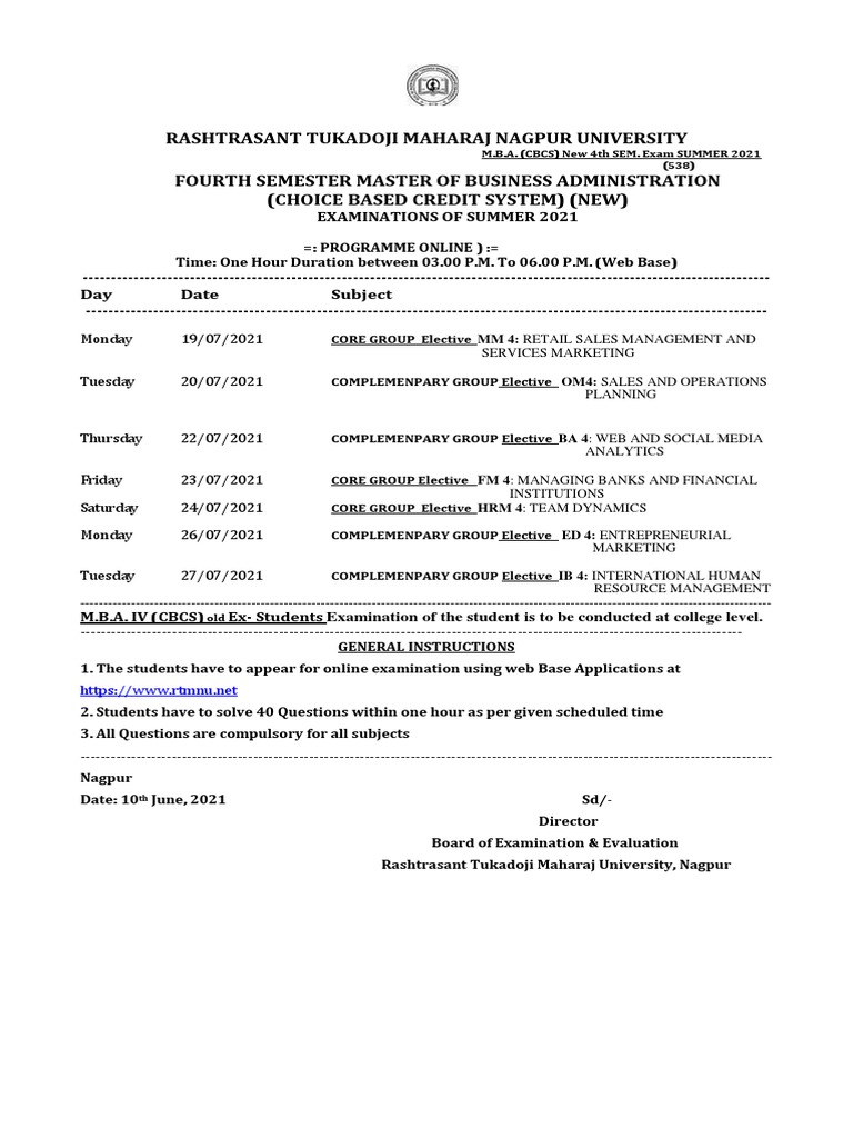 MBA 4th Sem Exam Schedule Summer 2021 | PDF | Course Credit | Master Of ...