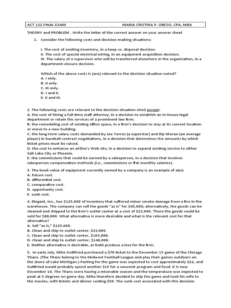 Act 122 Final Exam 2021 None | Download Free PDF | Cost Of Goods Sold ...