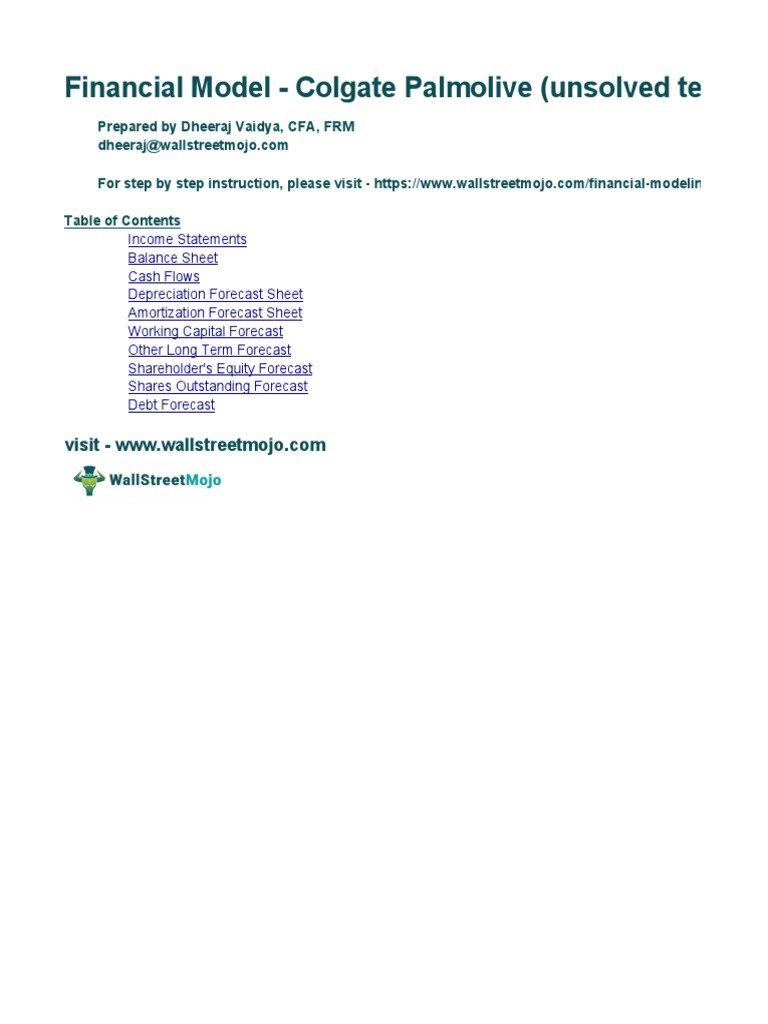 Financial Model - Colgate Palmolive (Unsolved Template) : Prepared by ...