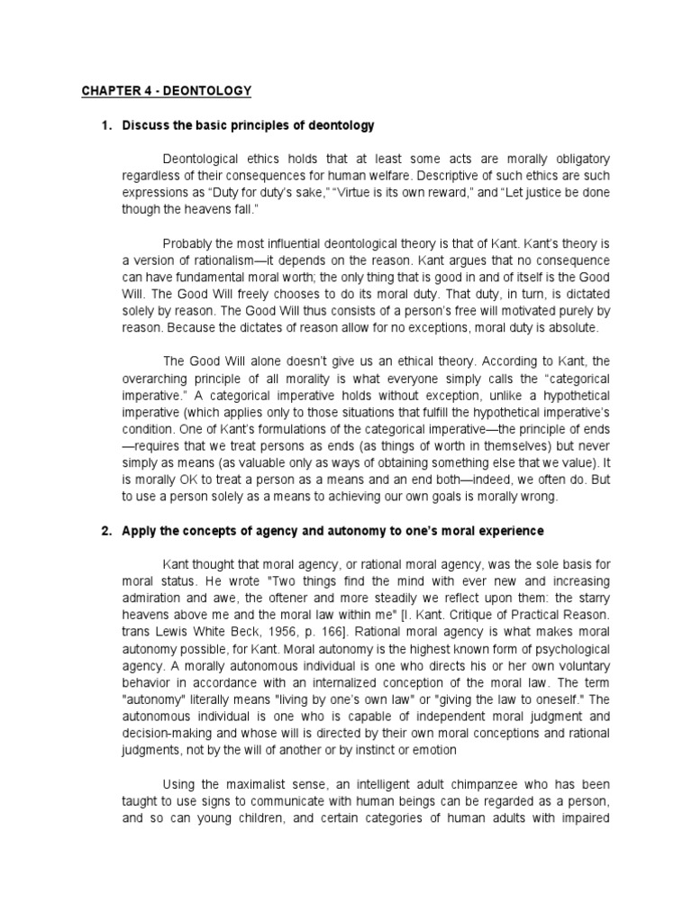 Chapter 4 - Deontology | PDF | Immanuel Kant | Autonomy