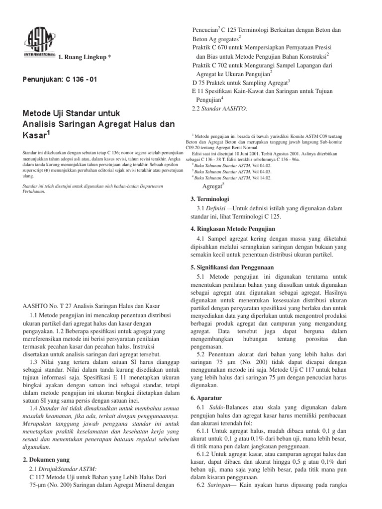 Astm c136 Dalam Bahasa Indonesia | PDF