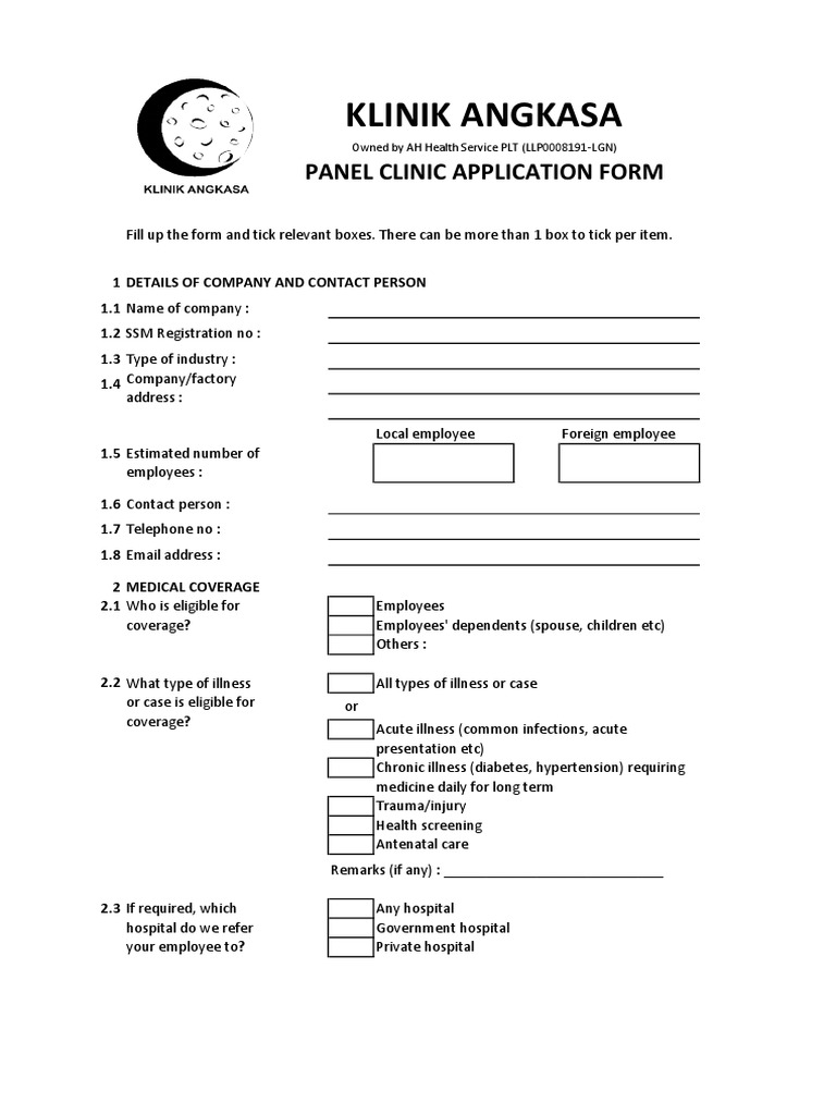 Klinik Angkasa: Panel Clinic Application Form | PDF | Clinic | Hospital