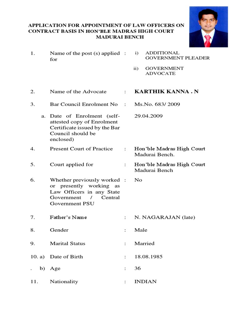 Application For The Post of Additional Government Pleader | PDF | Tamil ...