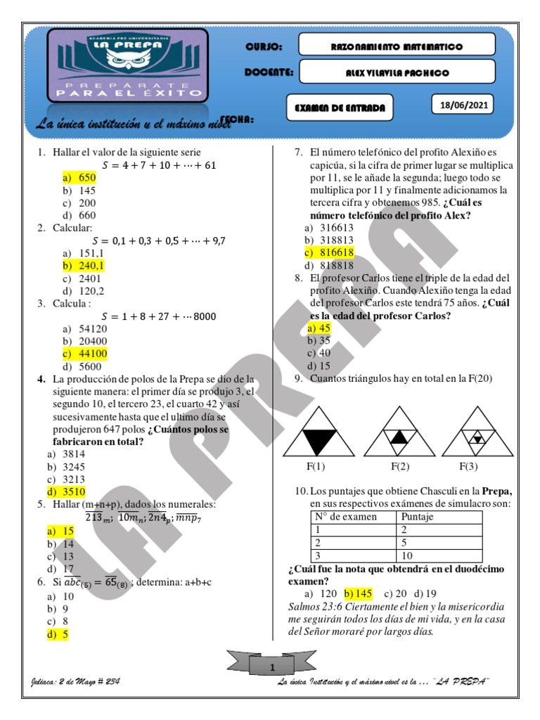 Examen RM ENTRADA 1 | PDF | Enseñanza de matemática