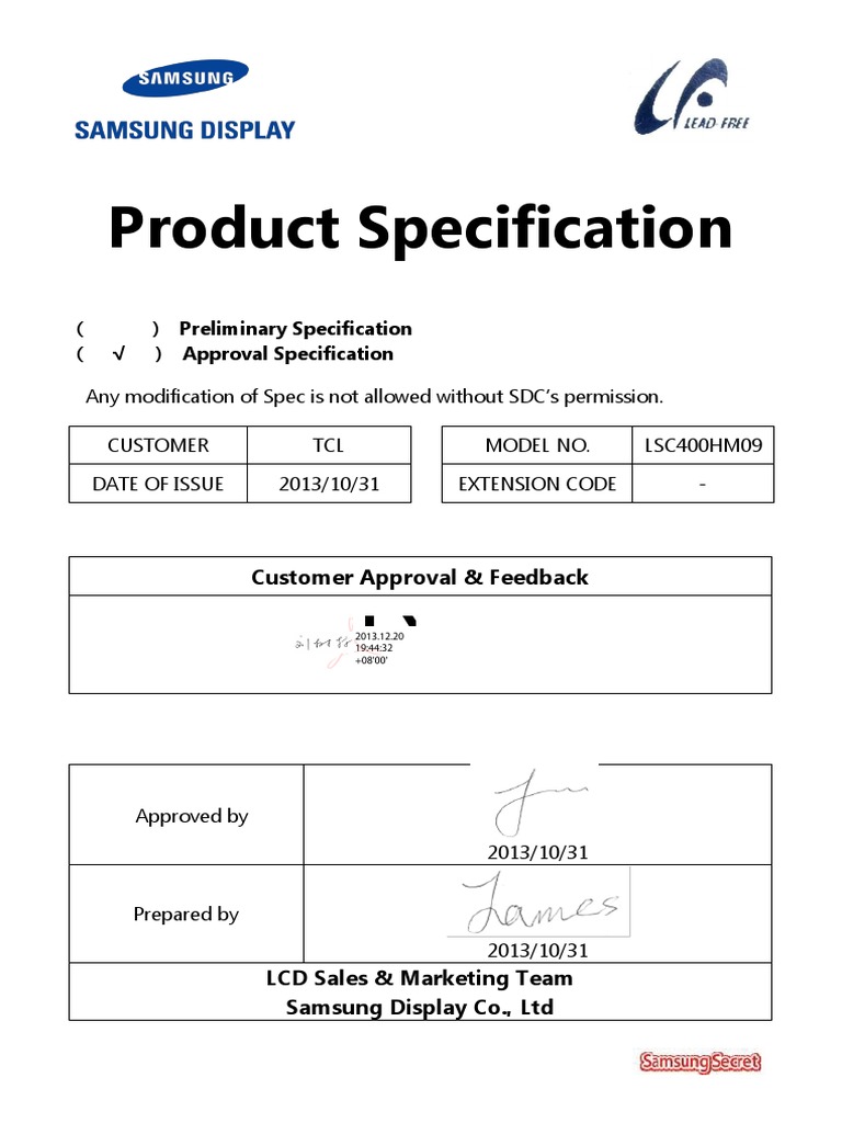 Product Specification: Preliminary Specification ( ) Approval ...