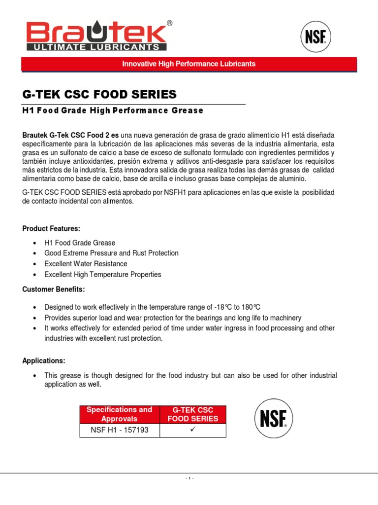 G-Tek CSC Food Series: H1 Food Grade High Performance Grease | PDF ...